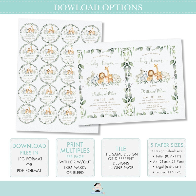 Cute Jungle Animals 2" Circle Label EDITABLE TEMPLATE, Greenery Thank ...