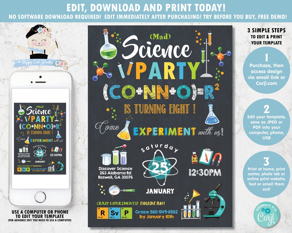 Science Party Invitation, EDITABLE TEMPLATE, Mad Science Birthday Party ...