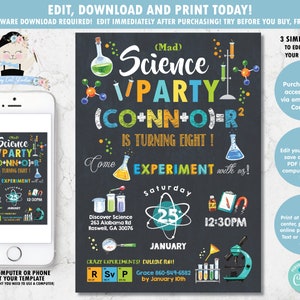 Science Party Invitation, EDITABLE TEMPLATE, Mad Science Birthday Party ...