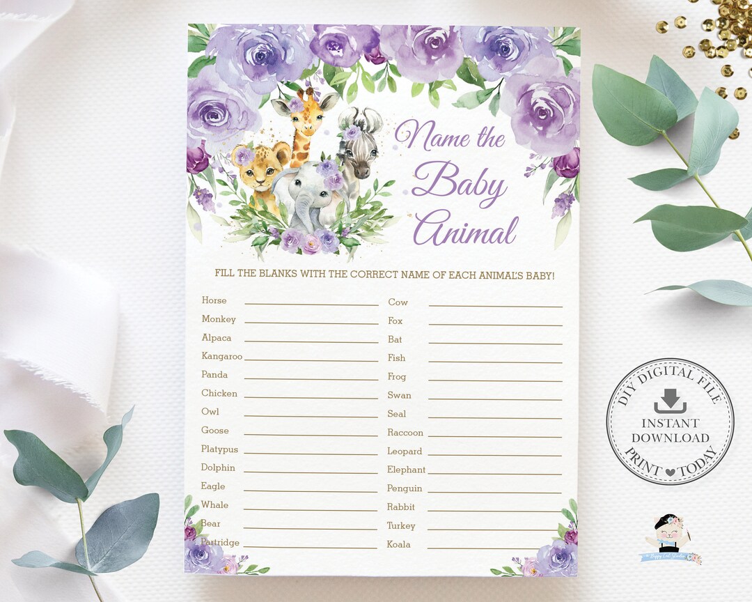 Name the Baby Animal Game, INSTANT DOWNLOAD, Purple Floral Jungle ...