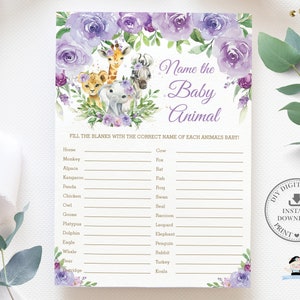 Name the Baby Animal Game, INSTANT DOWNLOAD, Purple Floral Jungle ...