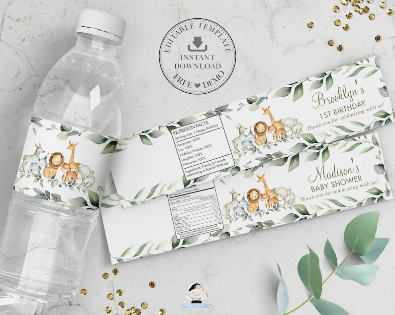 Jungle Animals Water Bottle Labels, EDITABLE TEMPLATE, Safari Greenery ...