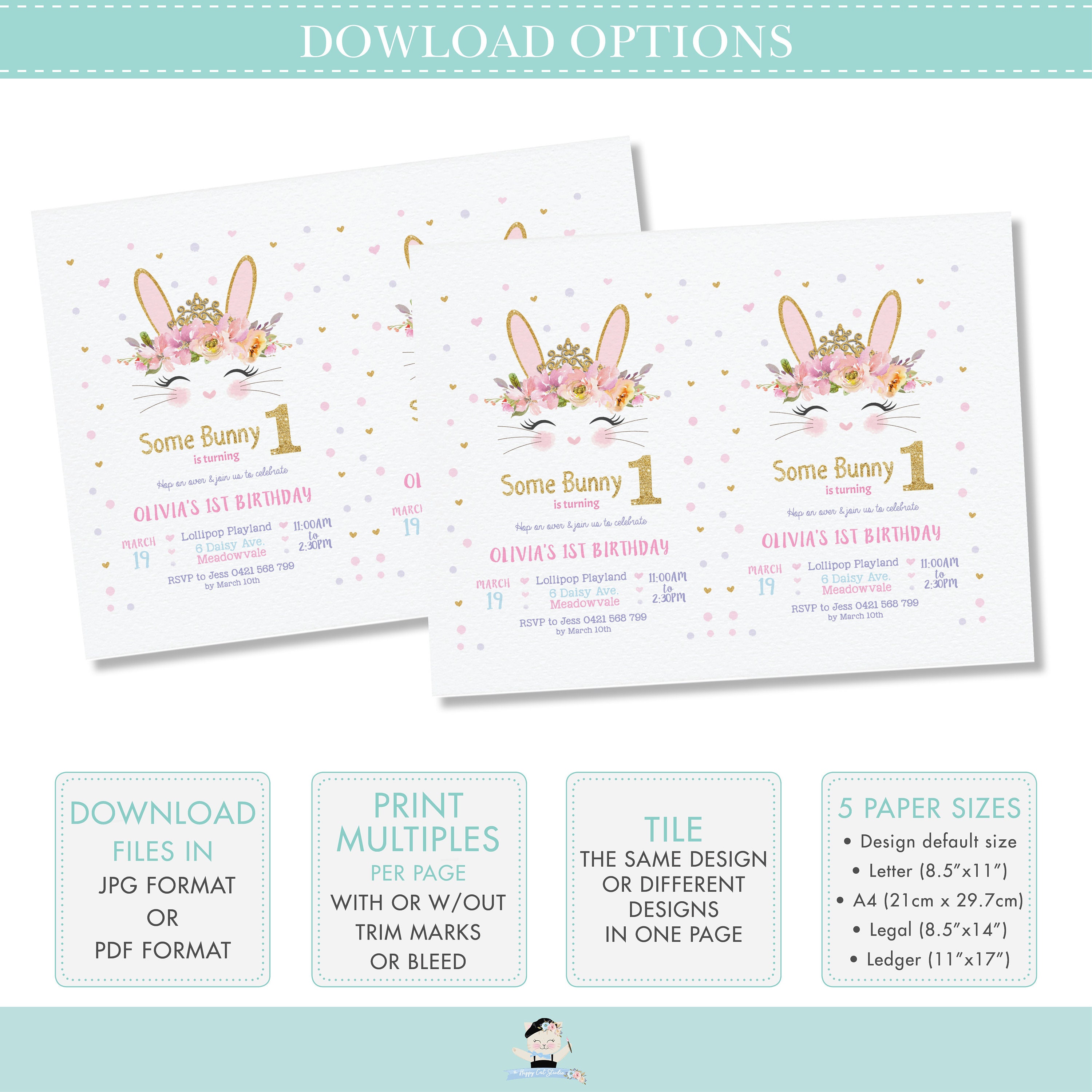 EDITABLE TEMPLATE, Cute Bunny Rabbit Invitation, Soft Floral Gold ...