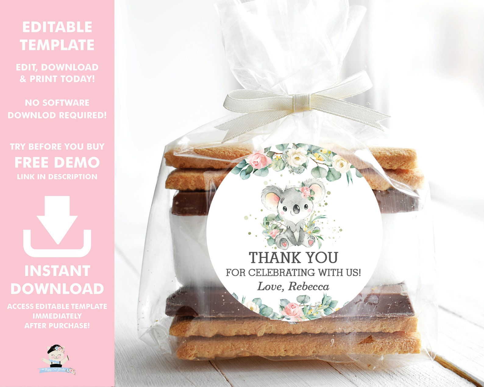 EDITABLE TEMPLATE Koala 2 Circle Tags Thank You Sticker - Etsy