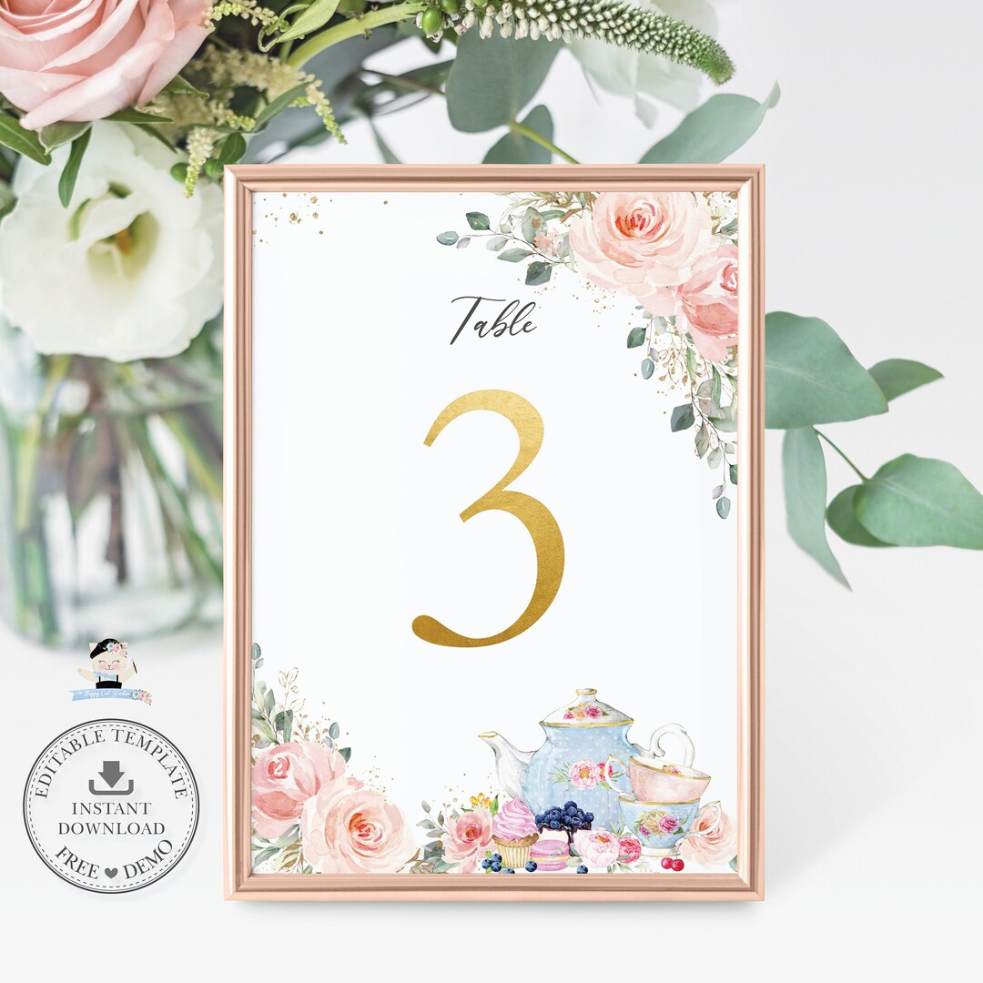 Table Number Card Blush Pink Floral High Tea Party Printable Sign ...