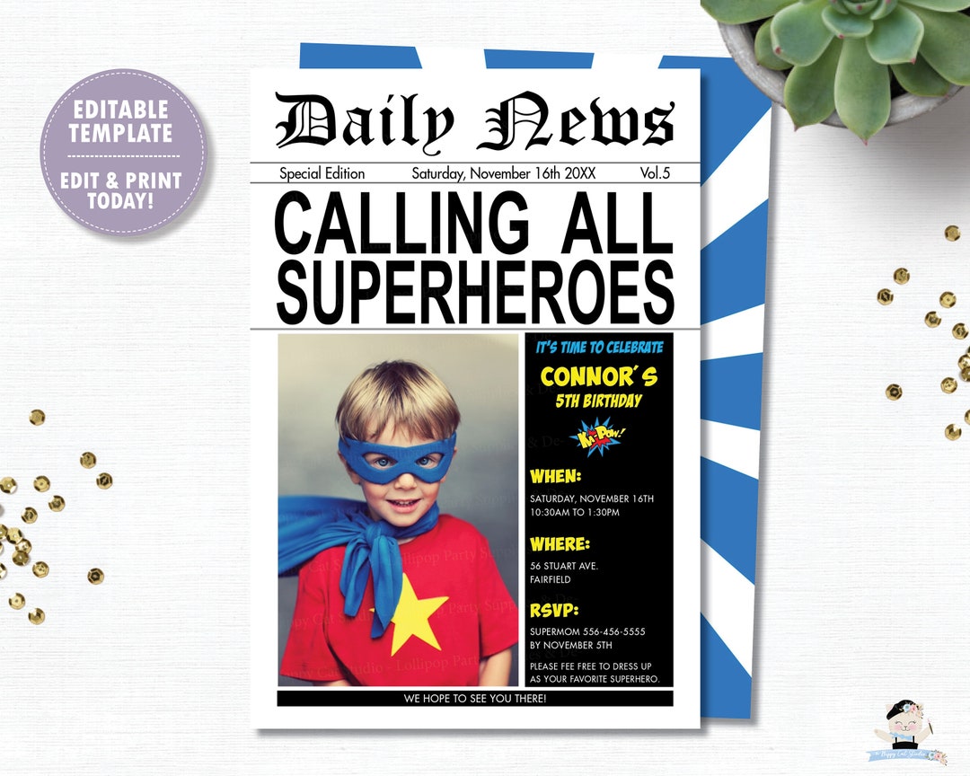 Superhero Invitation, EDITABLE TEMPLATE, Instant Download, Superheroes ...