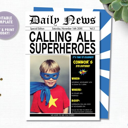 Superhero Invitation EDITABLE TEMPLATE Instant Download - Etsy