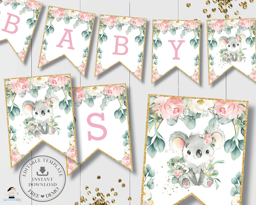 Koala Flag Banner, EDITABLE TEMPLATE, Cute Koala Eucalyptus Pink Floral ...