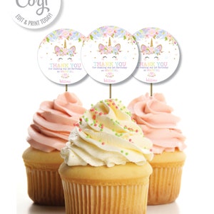 Unicorn 2" Round Labels, EDITABLE TEMPLATE, Pink Floral Circle Cupcake ...