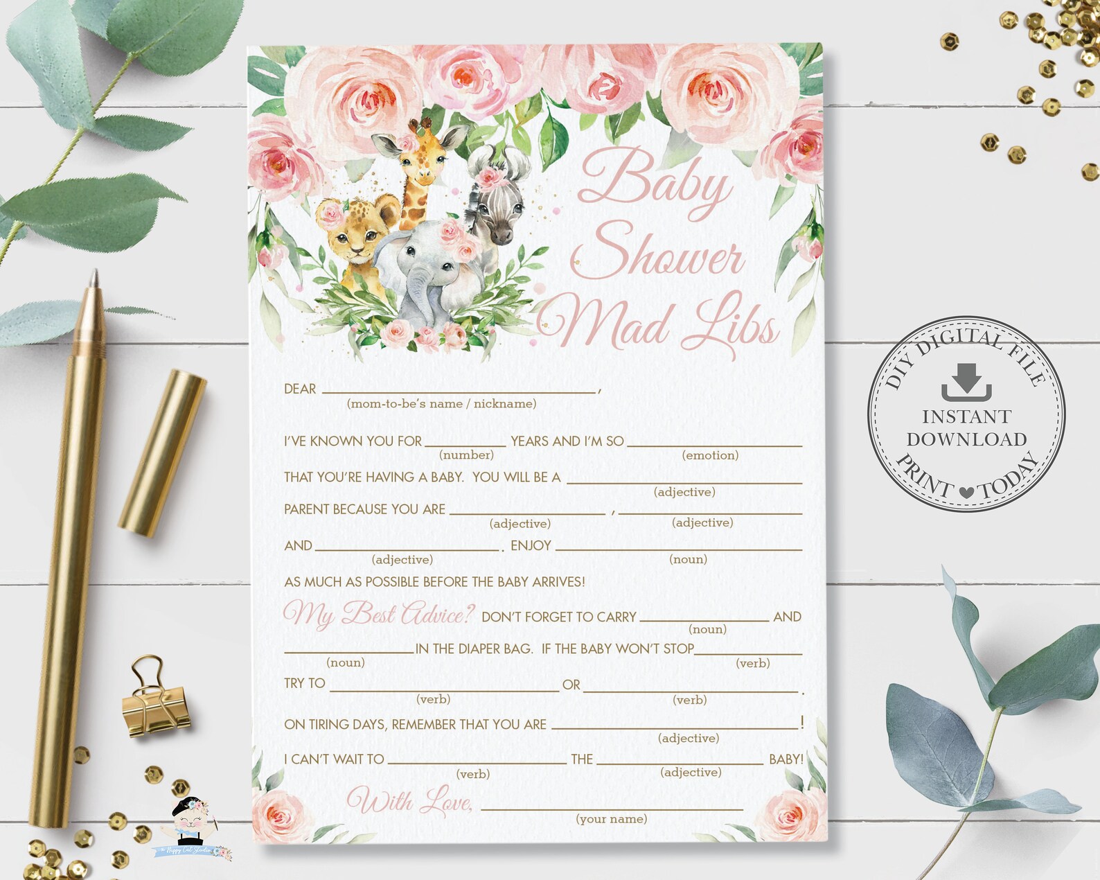 Jungle Animals Baby Shower Mad Libs Chic Pink Floral Greenery - Etsy