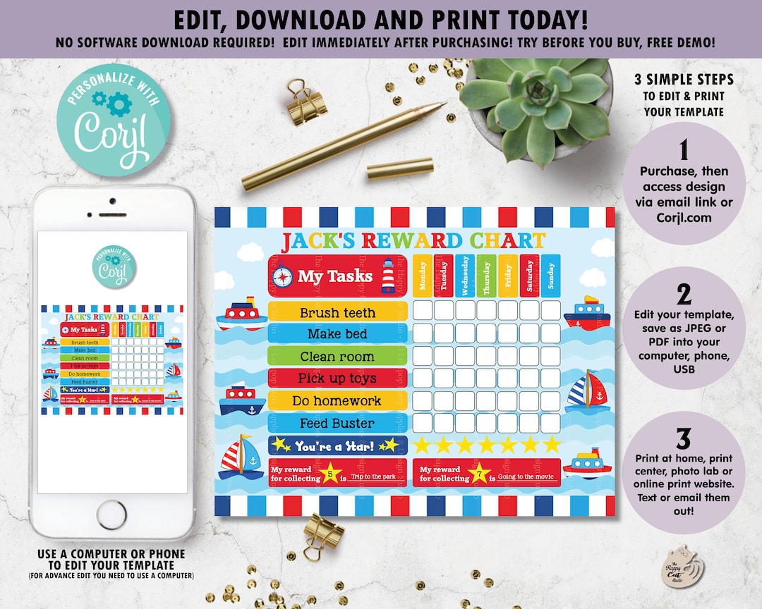 EDITABLE TEMPLATE, Boats Reward Chart, Ships Chore Chart, Nautical ...