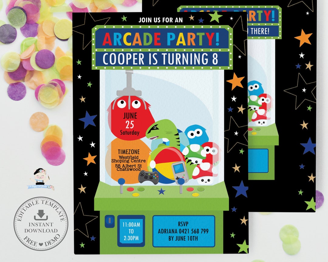 Arcade Party Invitation Vibrant Video Games Boy Birthday Party Gaming ...