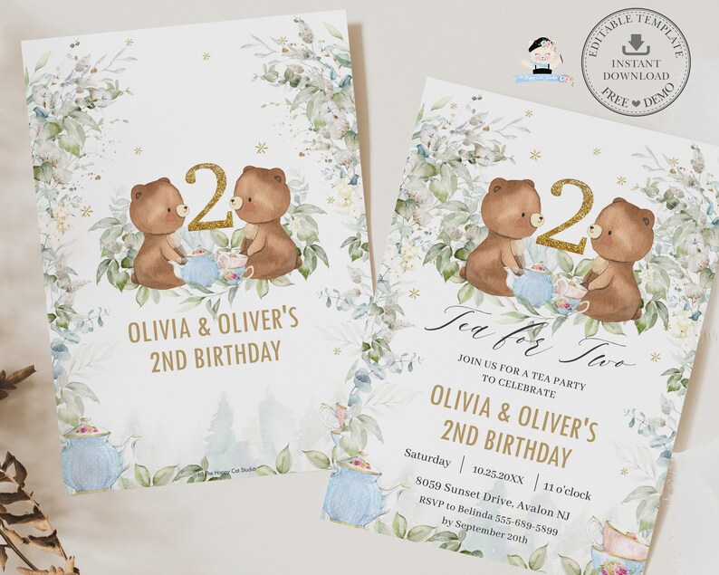 Teddy Bear Tea Party Greenery Invitation EDITABLE TEMPLATE - Etsy