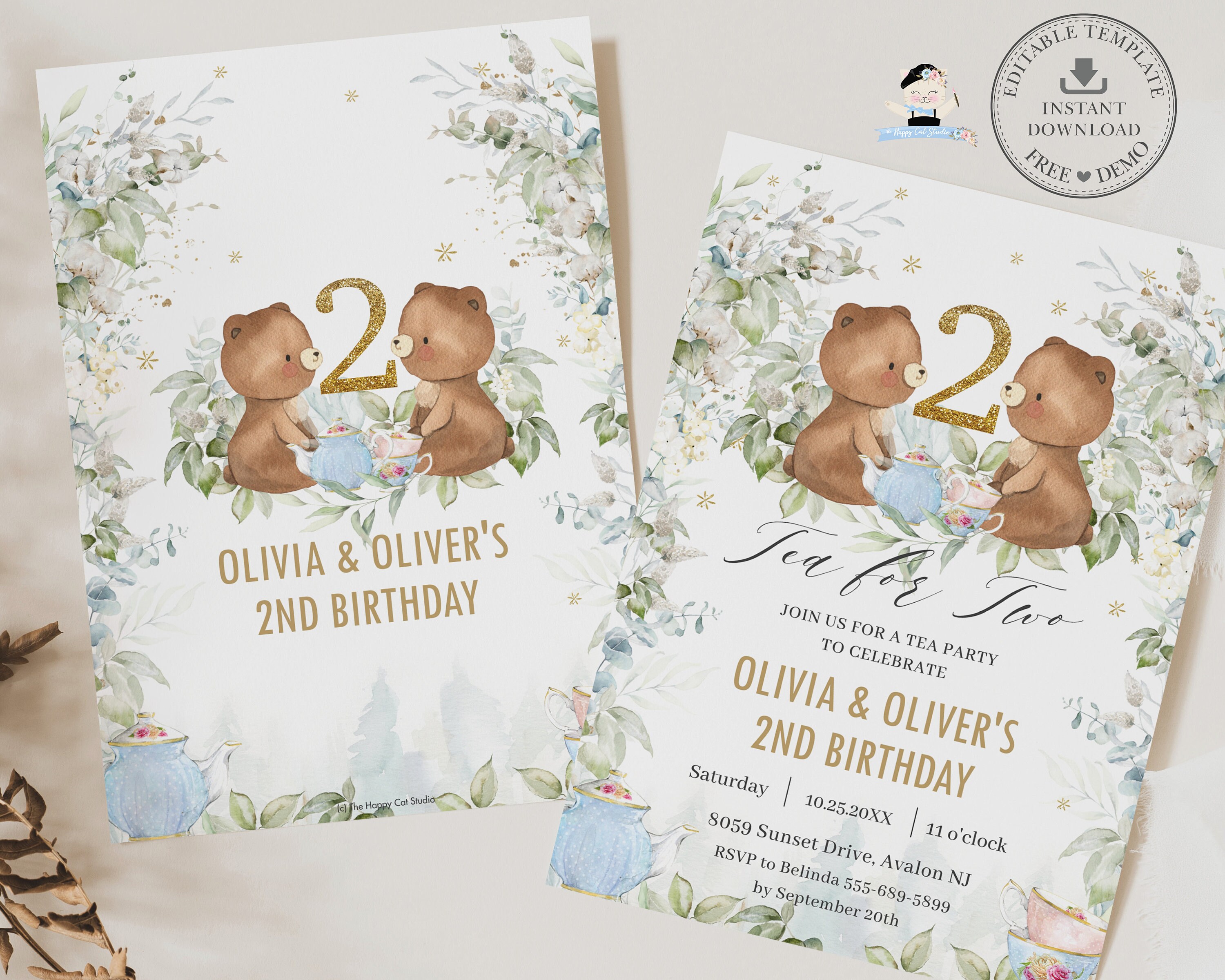 Teddy Bear Tea Party Greenery Invitation EDITABLE TEMPLATE, Tea for Two ...