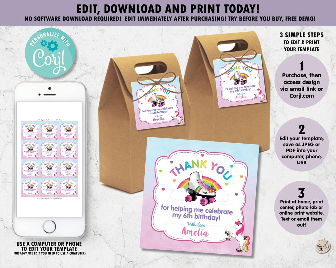 EDITABLE TEMPLATE, Unicorn Thank You Tags, Favor, Gift Labels, Unicorn ...