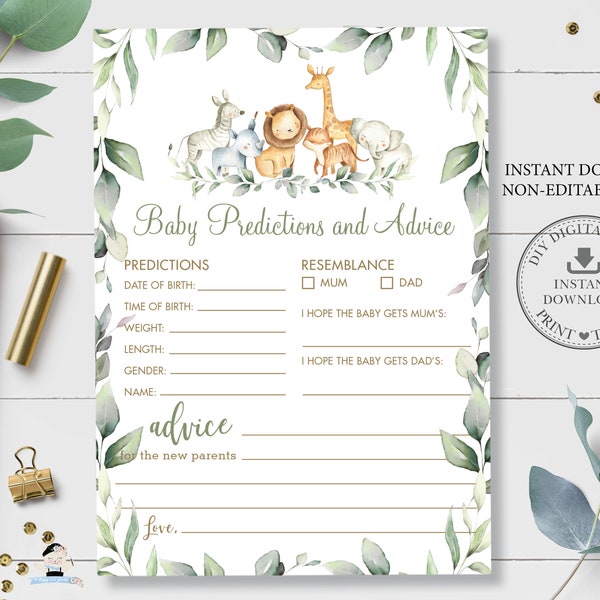 Safari Baby Predictions & Advice Card, Printable Jungle Baby Shower - Etsy