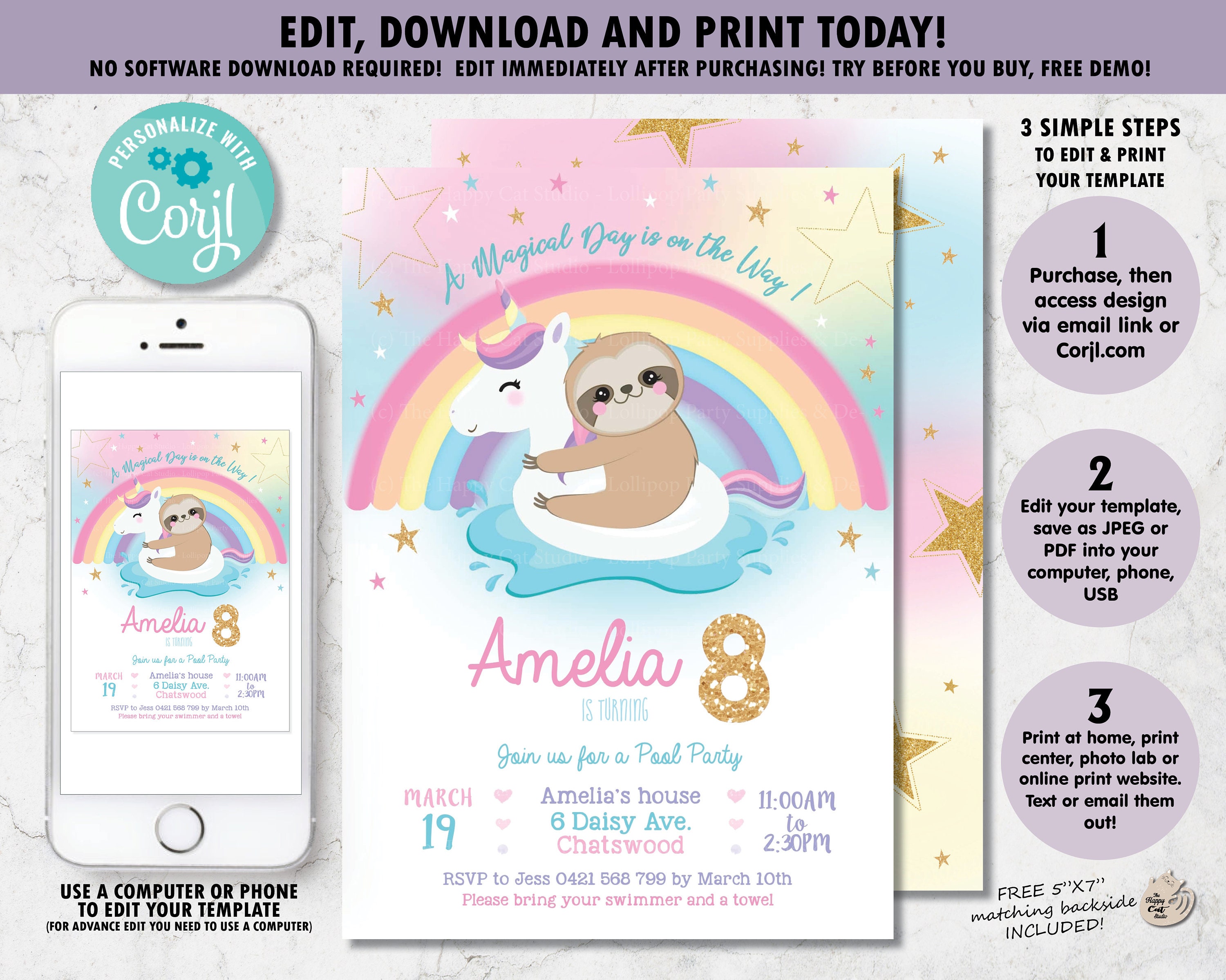 Sloth Pool Party Invitation Rainbow Unicorn Pool Party - Etsy