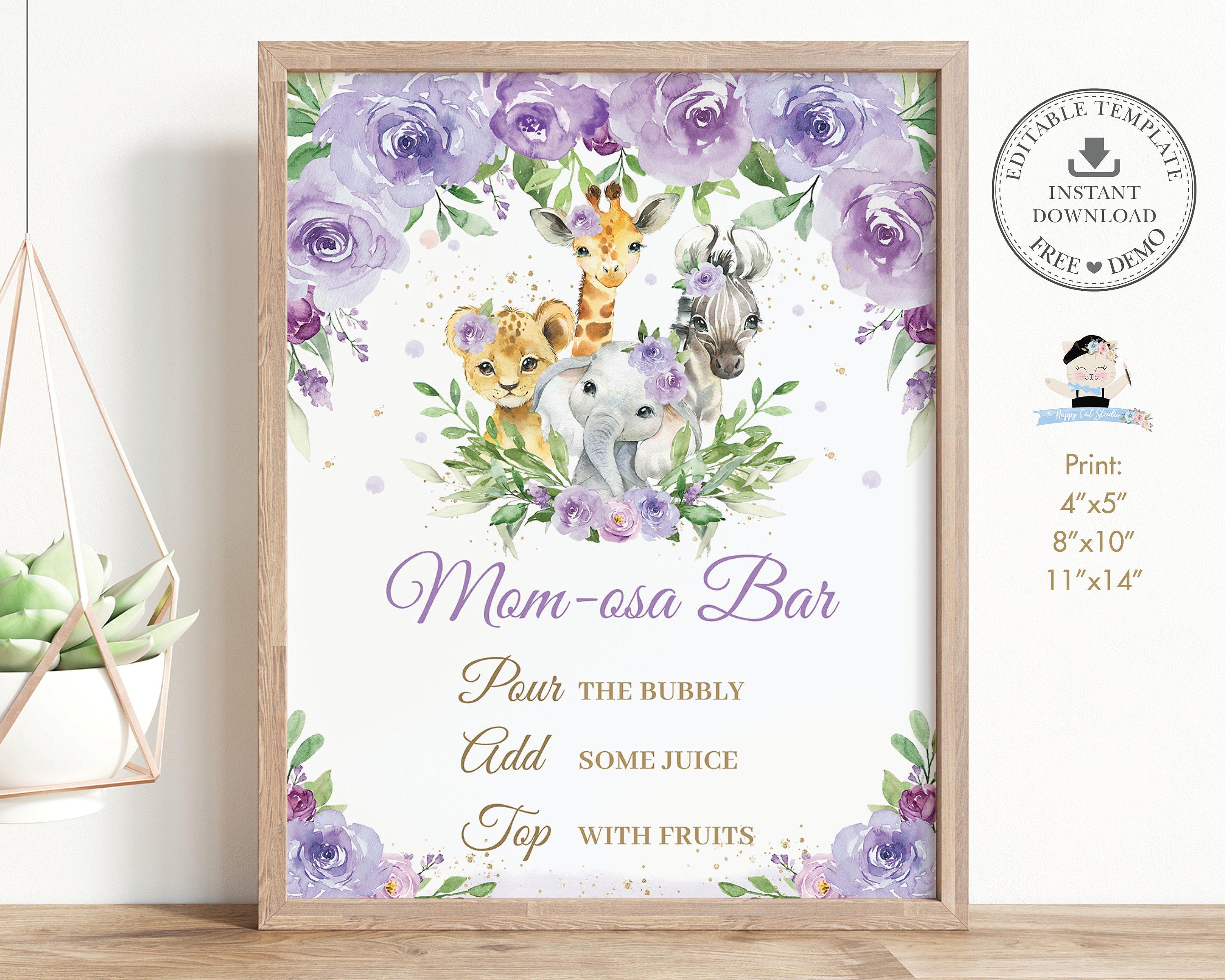 Jungle Animals Tabletop Sign Bundle, EDITABLE TEMPLATE, Purple Floral ...