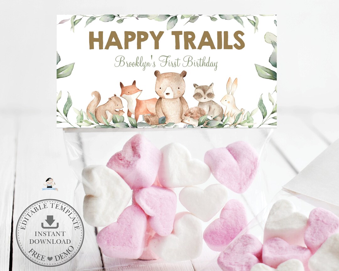 Woodland Animals Greenery Happy Trails Favor Bag Toppers Tags EDITABLE ...