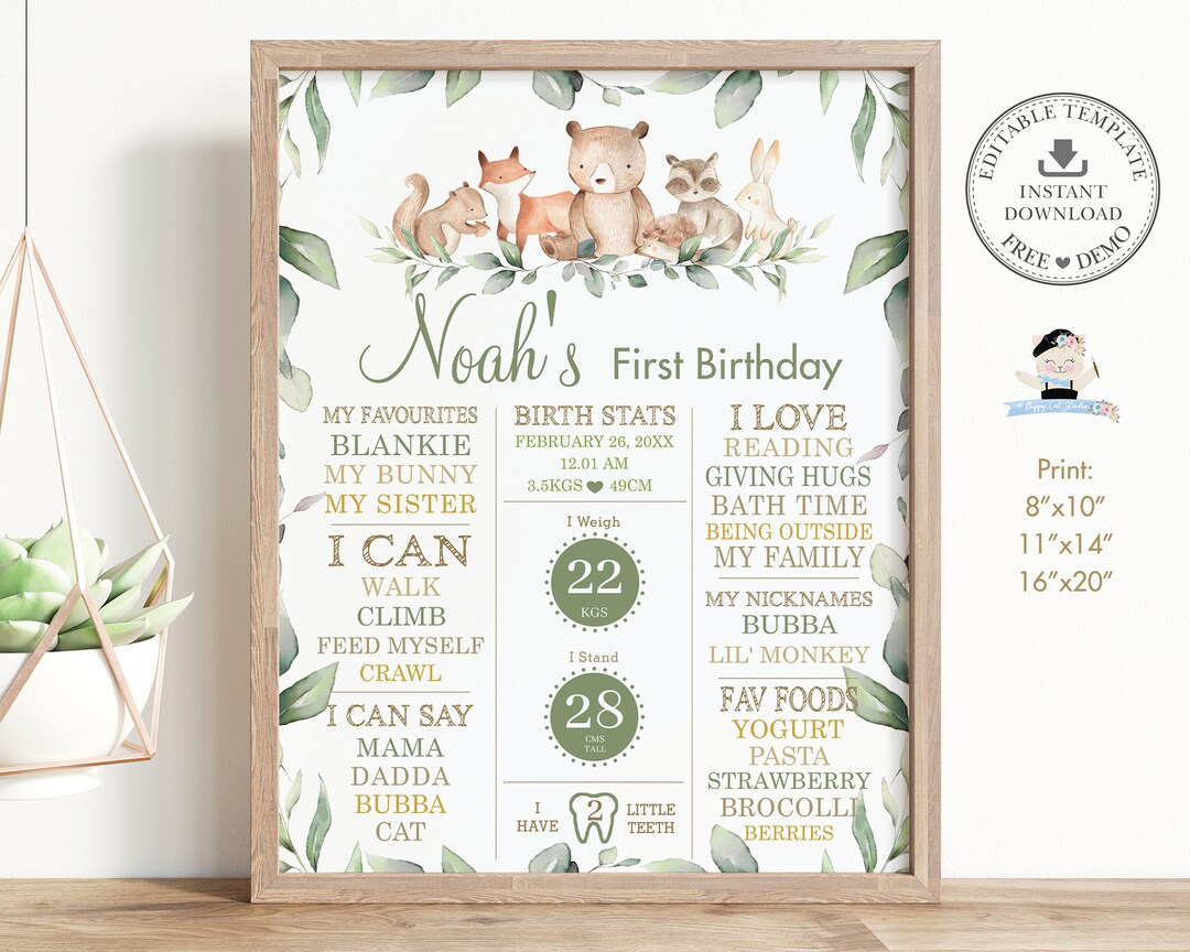 Woodland Animals Greenery 1st Birthday Milestone Sign, EDITABLE ...
