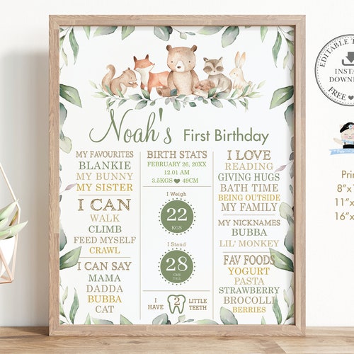 Editable Boho Woodland Birthday Milestone Sign Template - Etsy