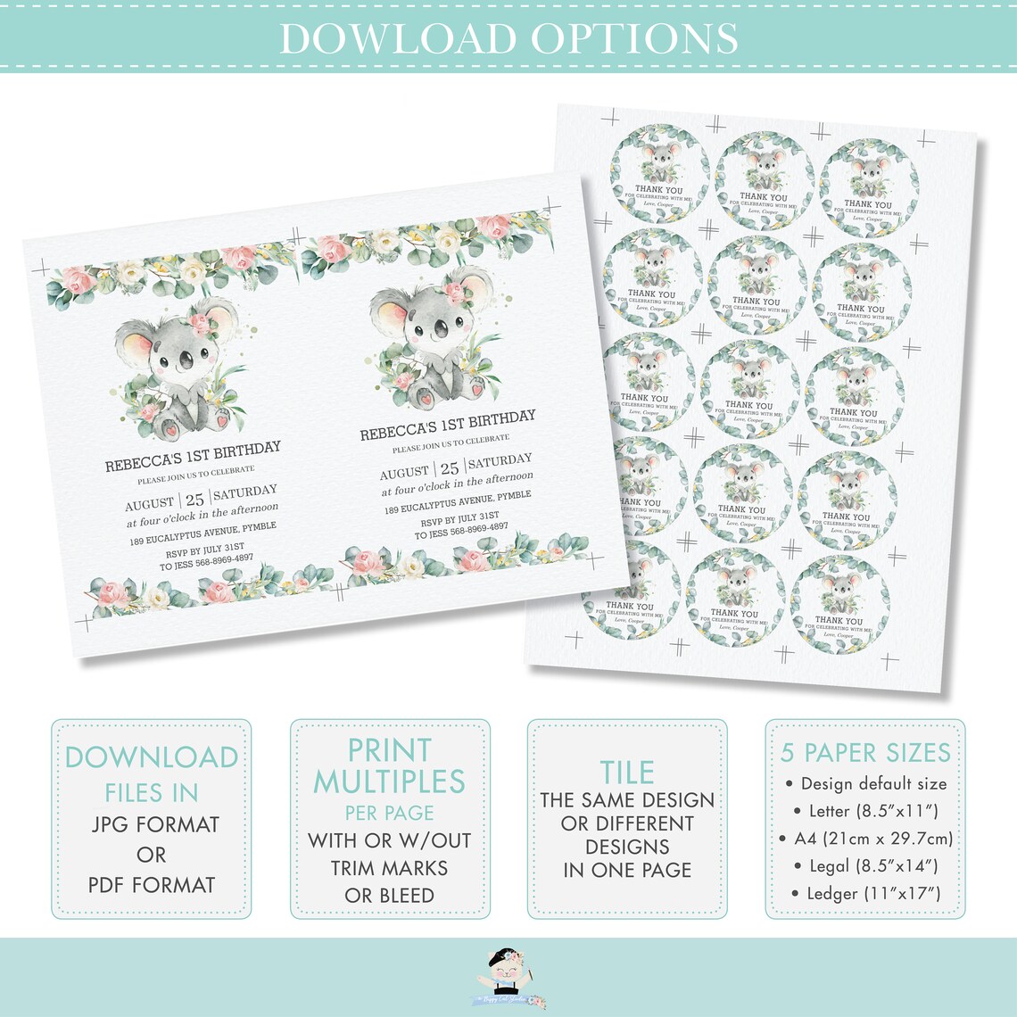 EDITABLE TEMPLATE Koala 2" Circle Tags, Thank You Sticker Favors ...