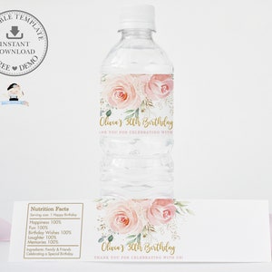 Blush Floral Water Bottle Labels, EDITABLE TEMPLATE, Pink Roses Flowers ...