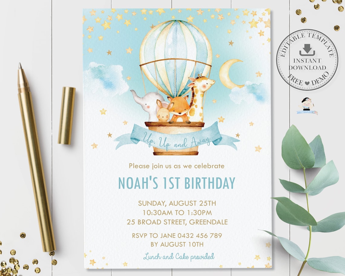 Hot Air Balloon Invitation EDITABLE TEMPLATE Boy Cute Jungle - Etsy