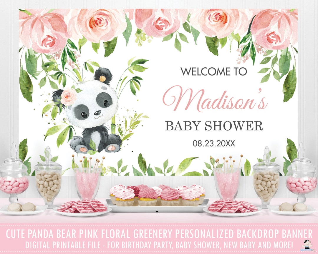 Cute Panda Backdrop Banner, Pink Floral Bamboo Greenery Baby Shower ...