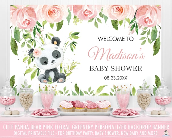 Cute Panda Backdrop Banner, Pink Floral Bamboo Greenery Baby Shower ...
