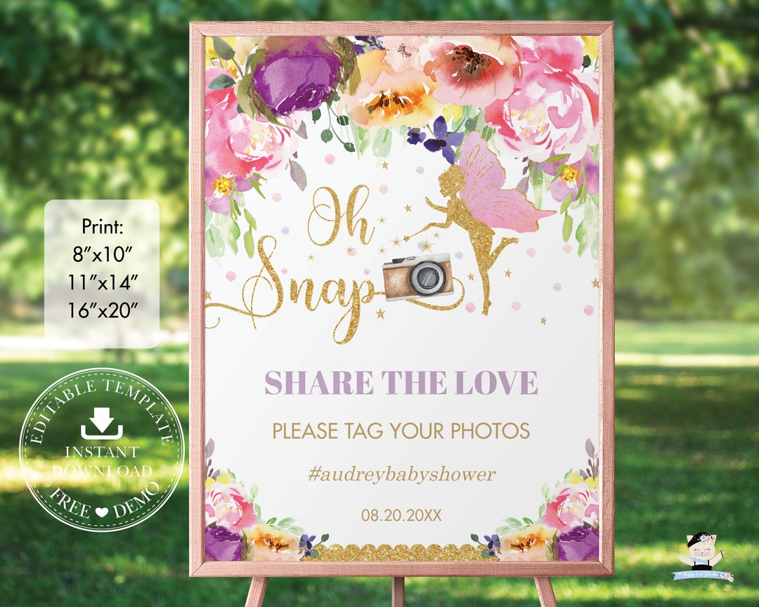 Fairy Purple Floral Oh Snap Tag Your Photos Sign, EDITABLE TEMPLATE ...