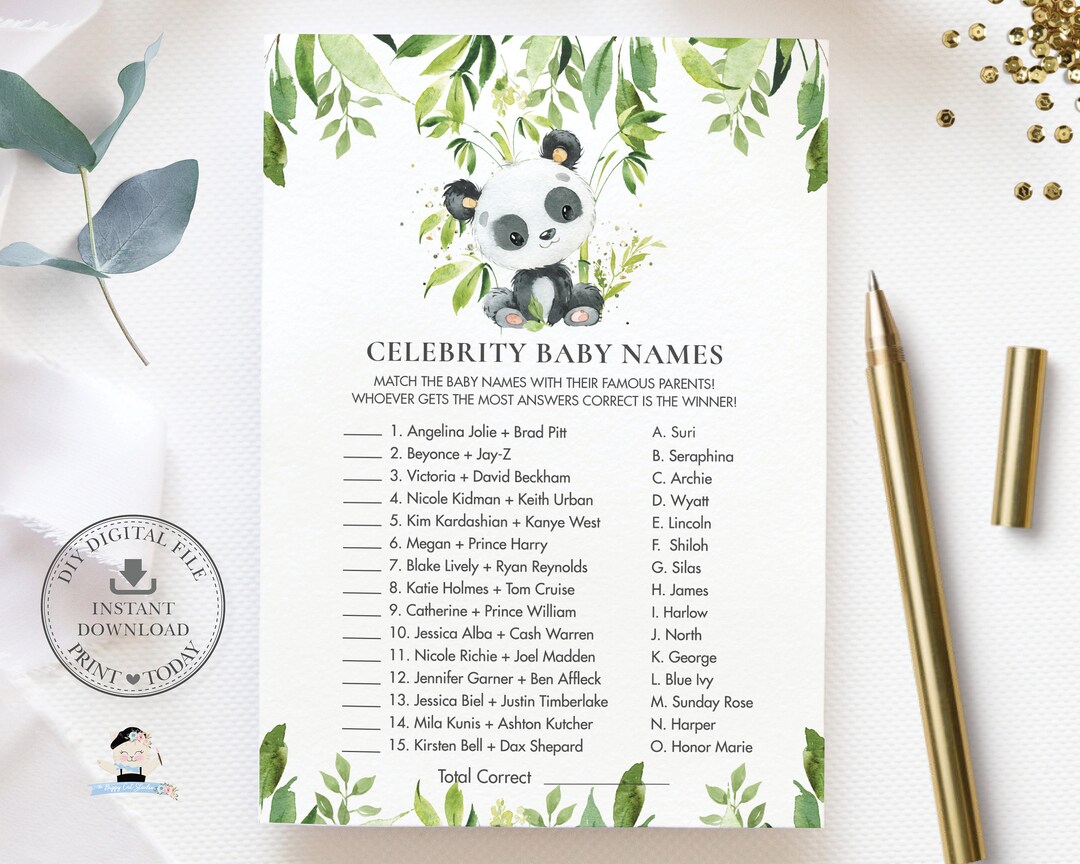 Celebrity Baby Names Game, INSTANT DOWNLOAD, Cute Panda Bear Bamboo ...