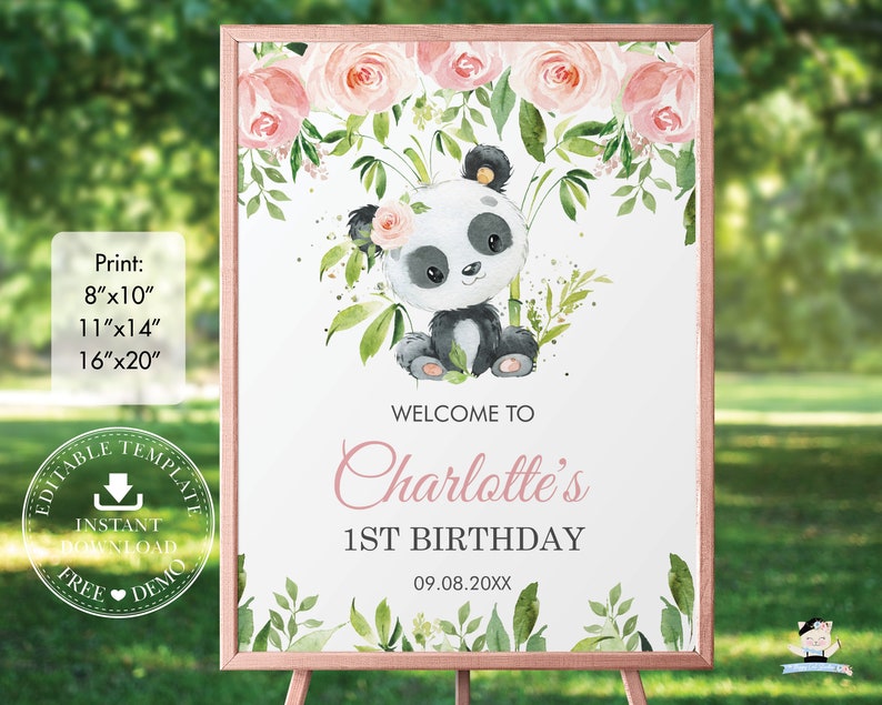 Panda Welcome Sign EDITABLE TEMPLATE Diy Pink Floral - Etsy