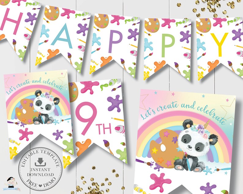 Panda Flag Banner, EDITABLE TEMPLATE, Cute Pandacorn Rainbow Art Paint ...