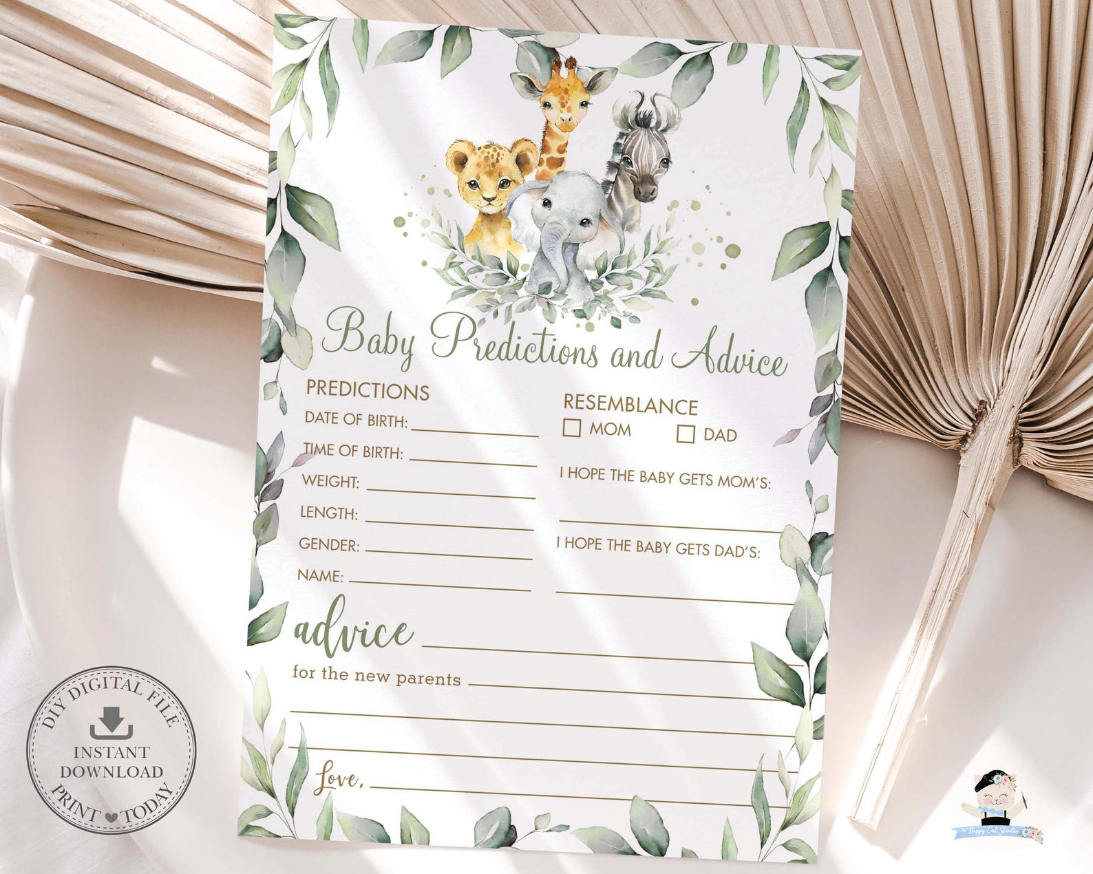 Baby Predictions and Advice Card, INSTANT DOWNLOAD, Greenery Cute ...