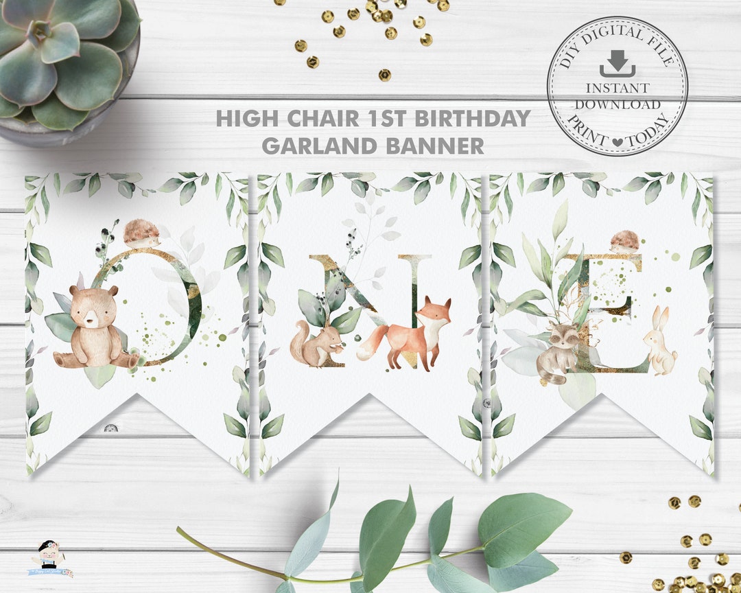 Greenery Woodland Animals 1st Birthday High Chair Banner, ONE First ...