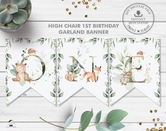 Woodland Animals Printable Banner Greenery Forest 1st - Etsy