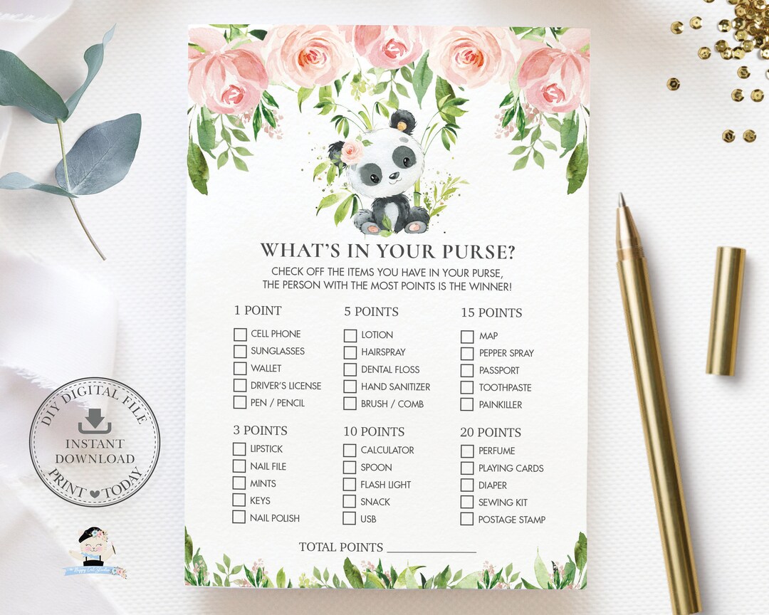 What's in Your Purse Game, INSTANT DOWNLOAD, Cute Panda Bear Pink ...