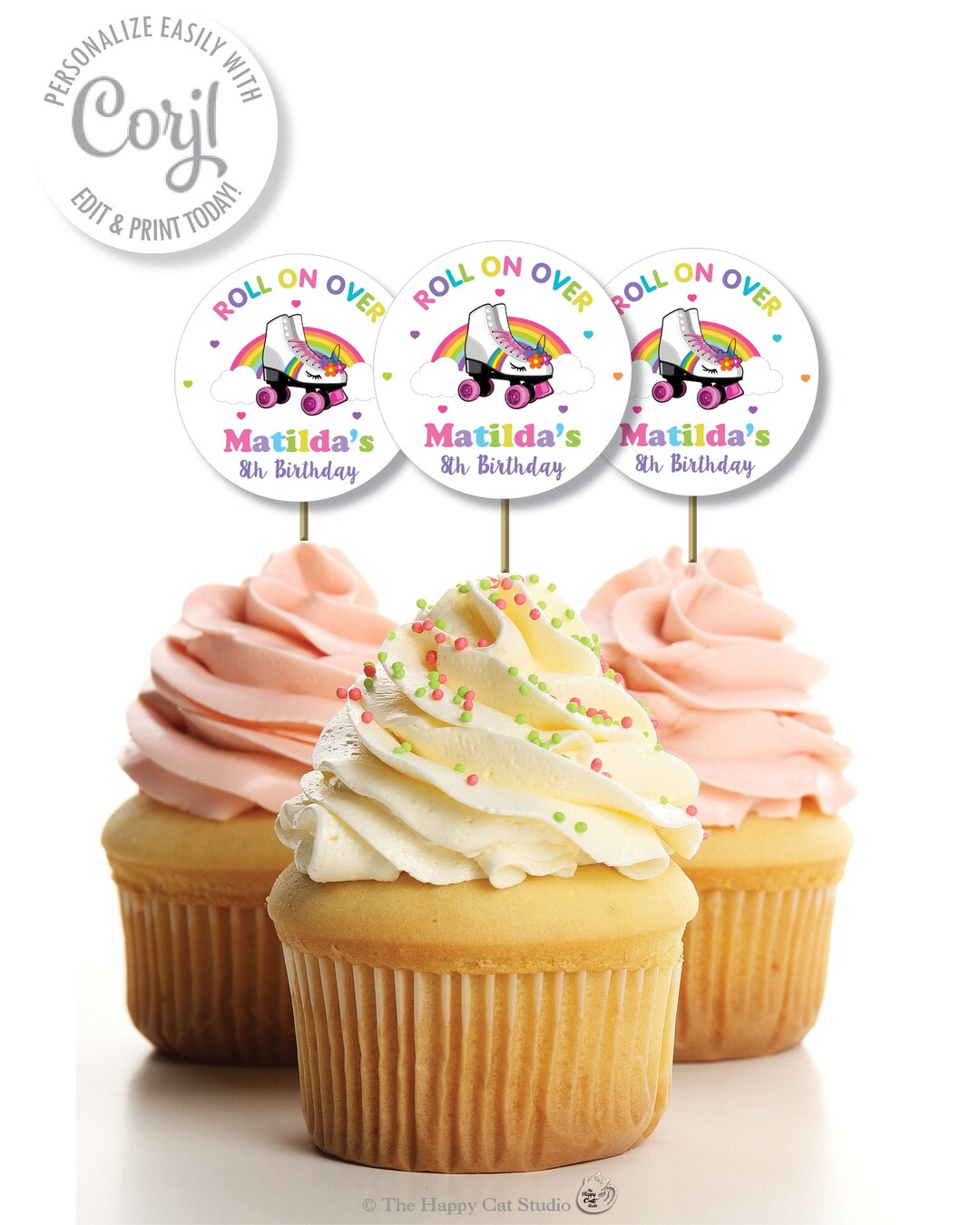 Unicorn Roller Skating 2" Circle Labels Stickers, Cupcake Toppers ...
