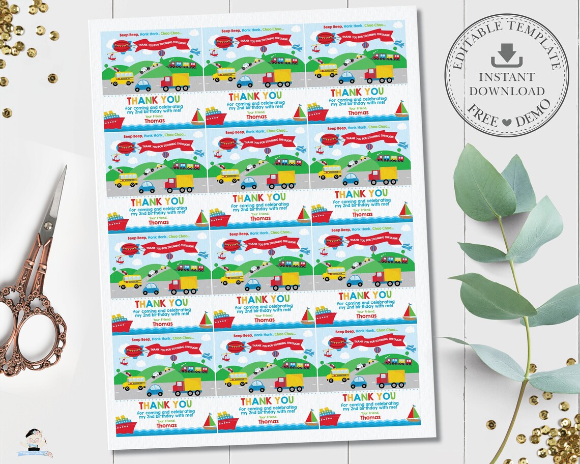 EDITABLE Transportation Birthday Favor Tags Favour Stickers | Etsy