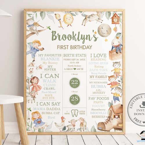 Nursery Rhyme 1st Birthday Milestone Sign EDITABLE TEMPLATE - Etsy