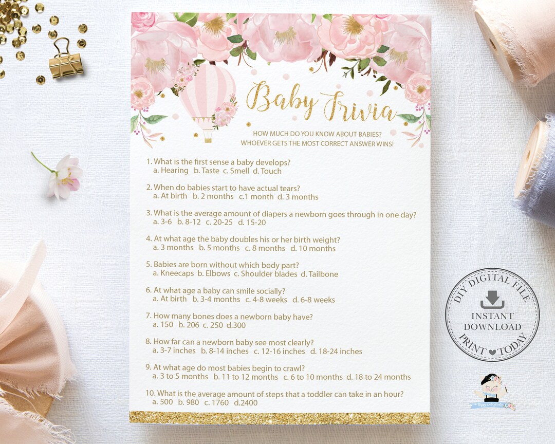 Baby Trivia Game Printable, INSTANT DOWNLOAD, Hot Air Balloon Pink ...