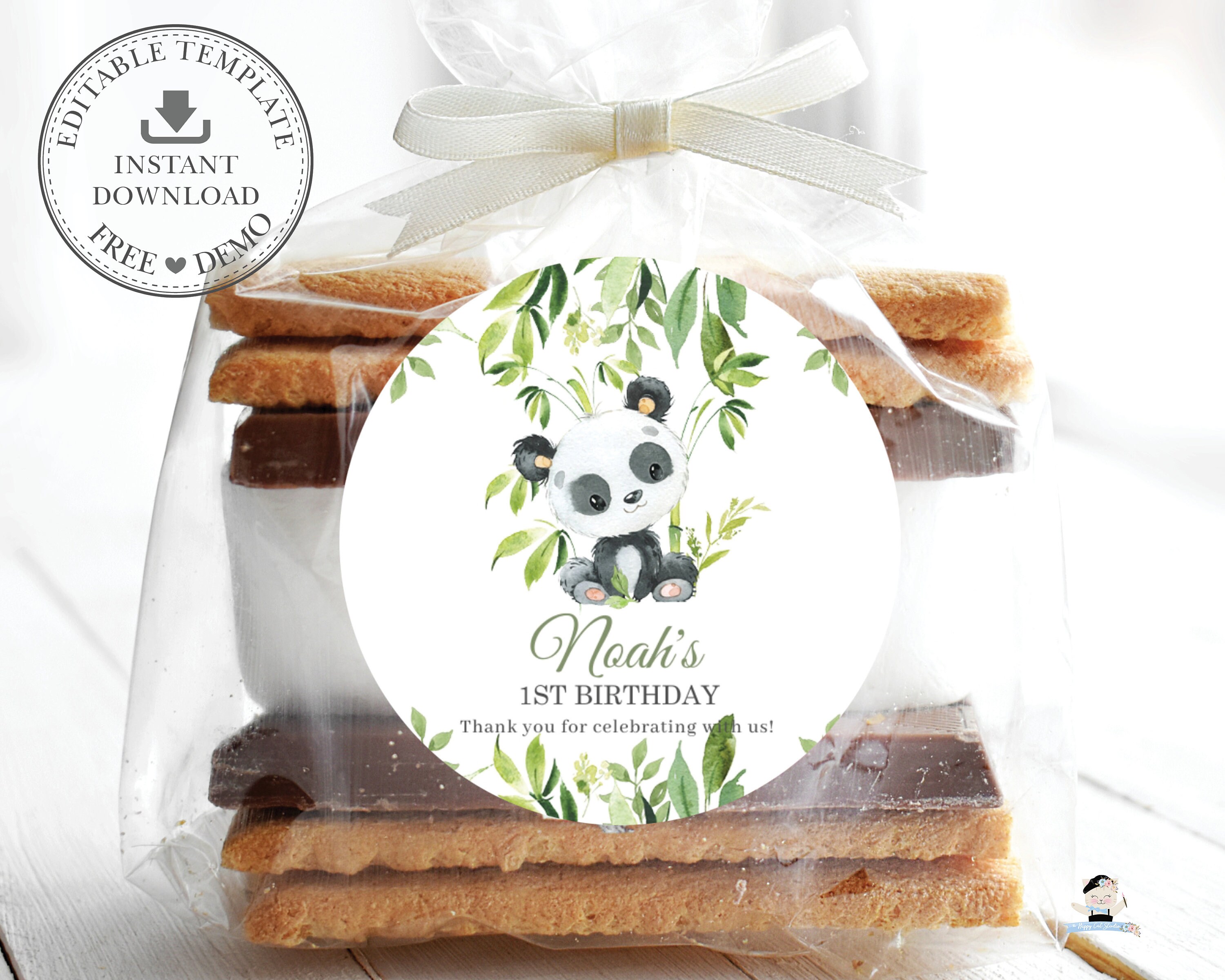 EDITABLE TEMPLATE Cute Panda Bear 2" Circle Tags, Bamboo Greenery Thank ...