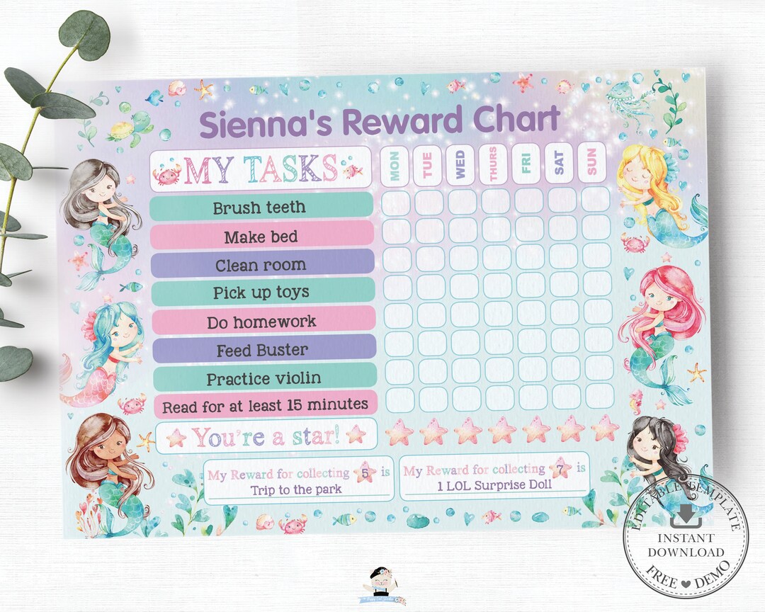 Mermaid Reward Chart, EDITABLE TEMPLATE, Chore, Potty Training ...