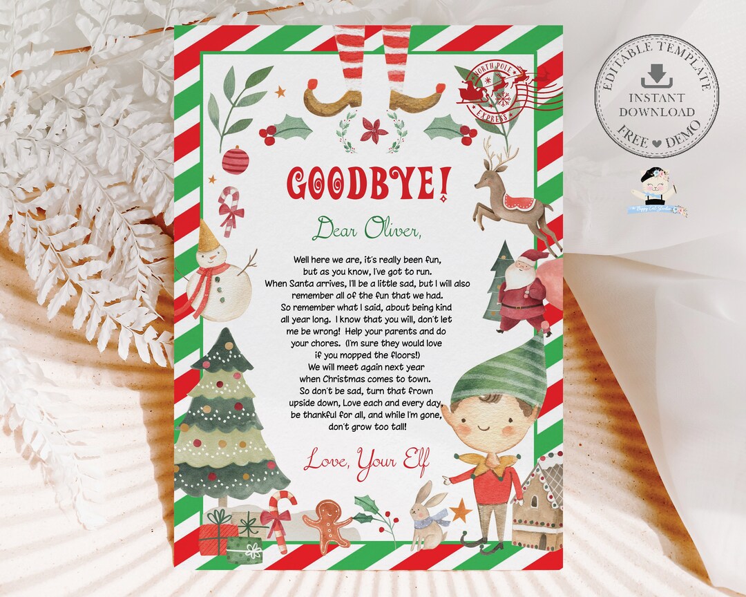 EDITABLE Elf Farewell Goodbye Letter Christmas Elf Departure Red Green ...