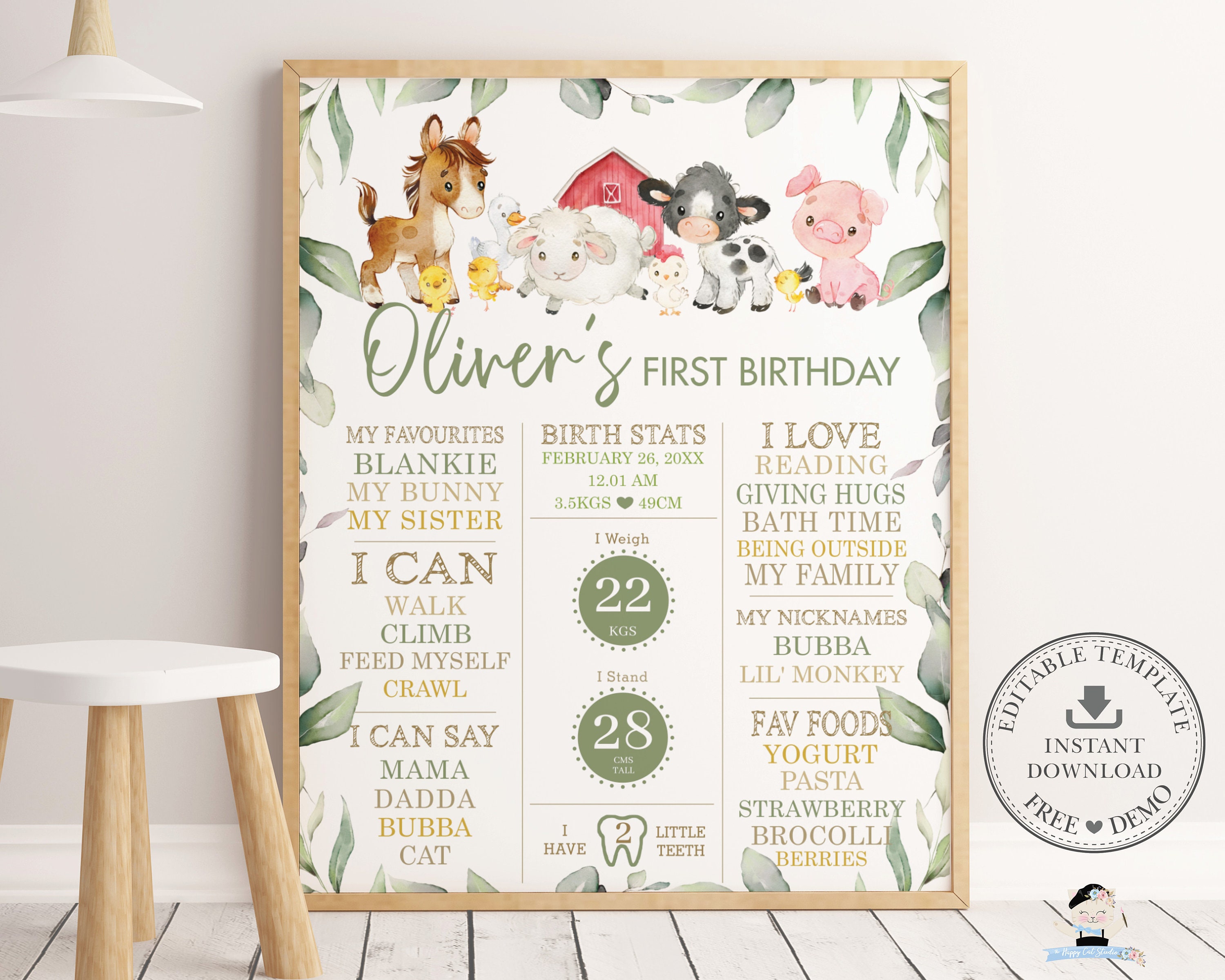 Farm Animals Greenery 1st Birthday Milestone Sign, EDITABLE TEMPLATE ...