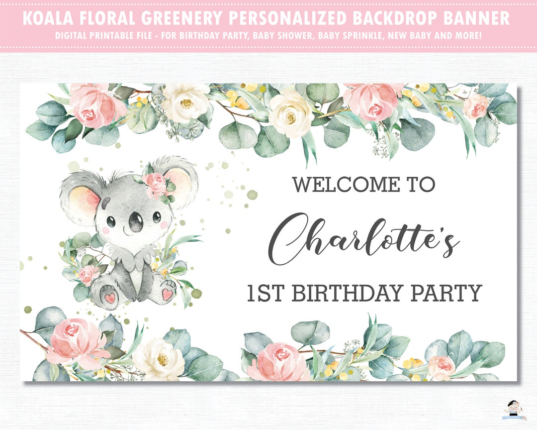 Koala Backdrop Banner, Pink Floral Greenery Koala Baby Shower Birthday ...