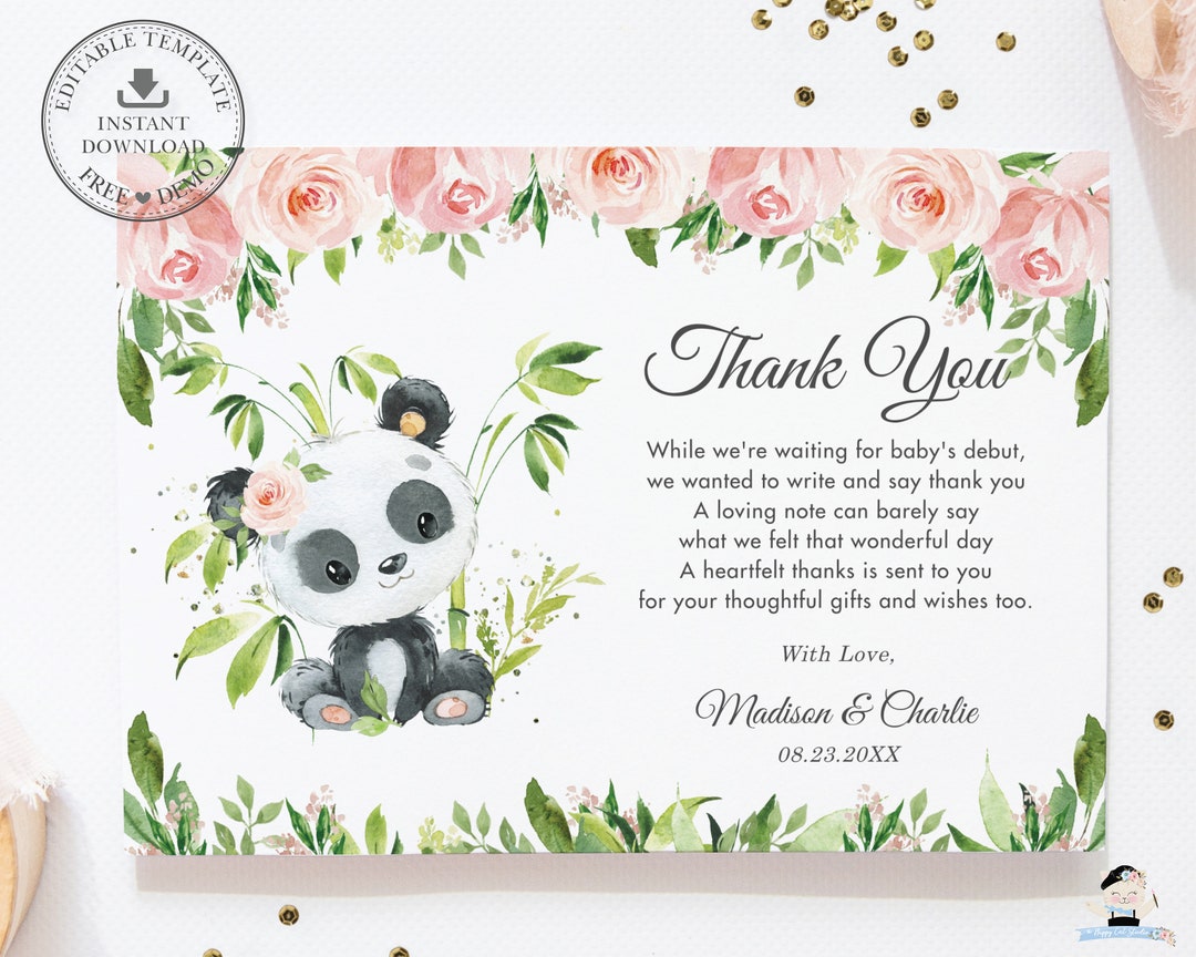 Cute Panda Thank You Card, EDITABLE TEMPLATE, 1st Birthday Baby Shower ...