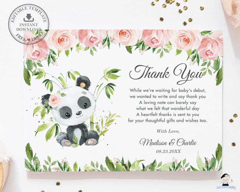 Cute Panda Thank You Card EDITABLE TEMPLATE 1st Birthday - Etsy