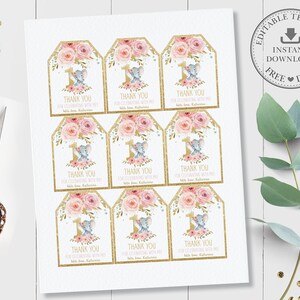 EDITABLE TEMPLATE Elephant 1st Birthday Thank You Gift Favor Tags ...